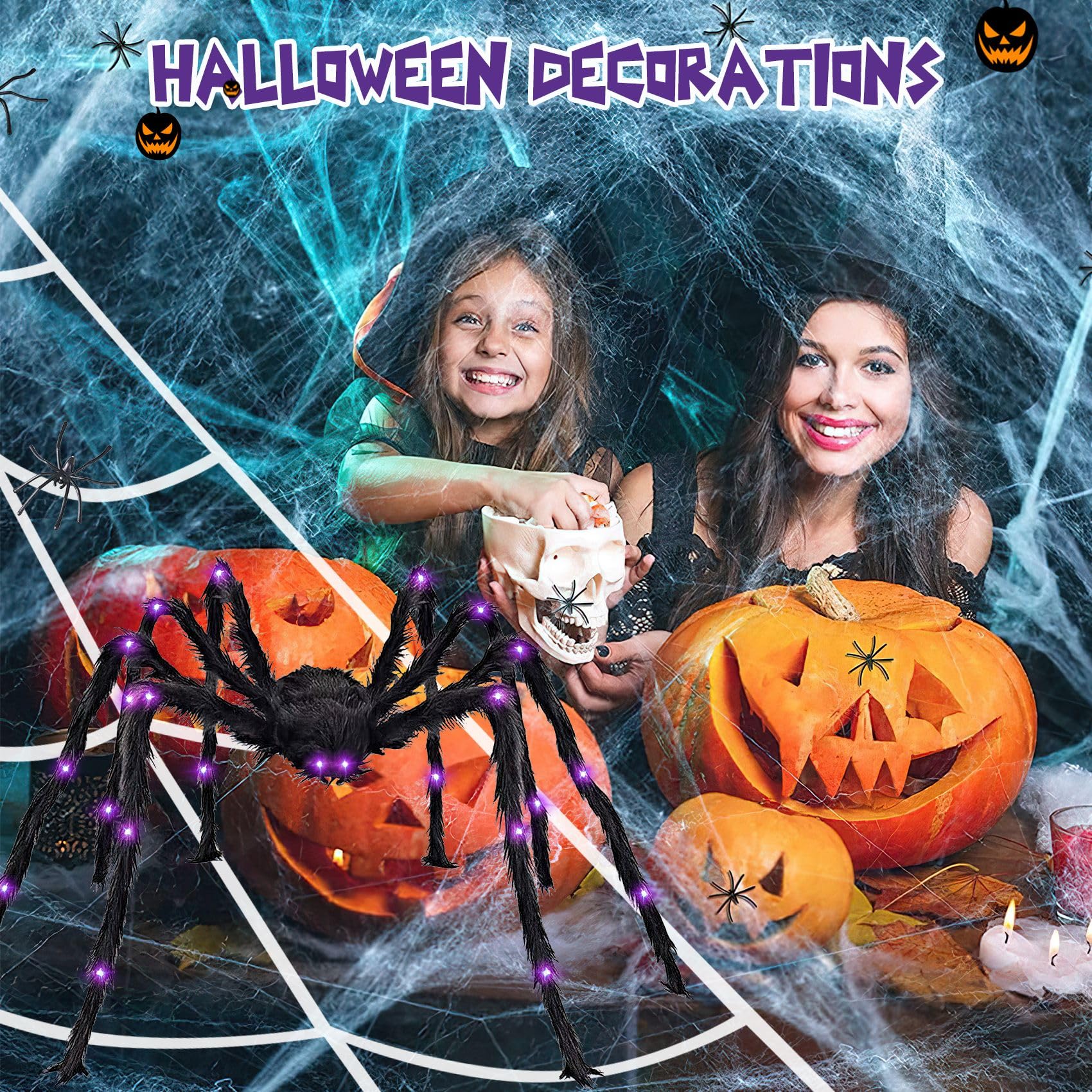 Spider Webs Halloween Decorations, 59'' Light-up Giant Spider + 236'' Giant Triangular Spider Web + 0.08lb Stretch Cobwebs for Indoor and Outdoor Patio Party Haunted House Decoration(Black Plush)