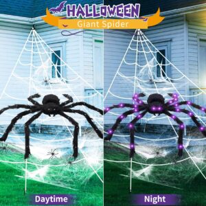 Spider Webs Halloween Decorations, 59'' Light-up Giant Spider + 236'' Giant Triangular Spider Web + 0.08lb Stretch Cobwebs for Indoor and Outdoor Patio Party Haunted House Decoration(Black Plush)