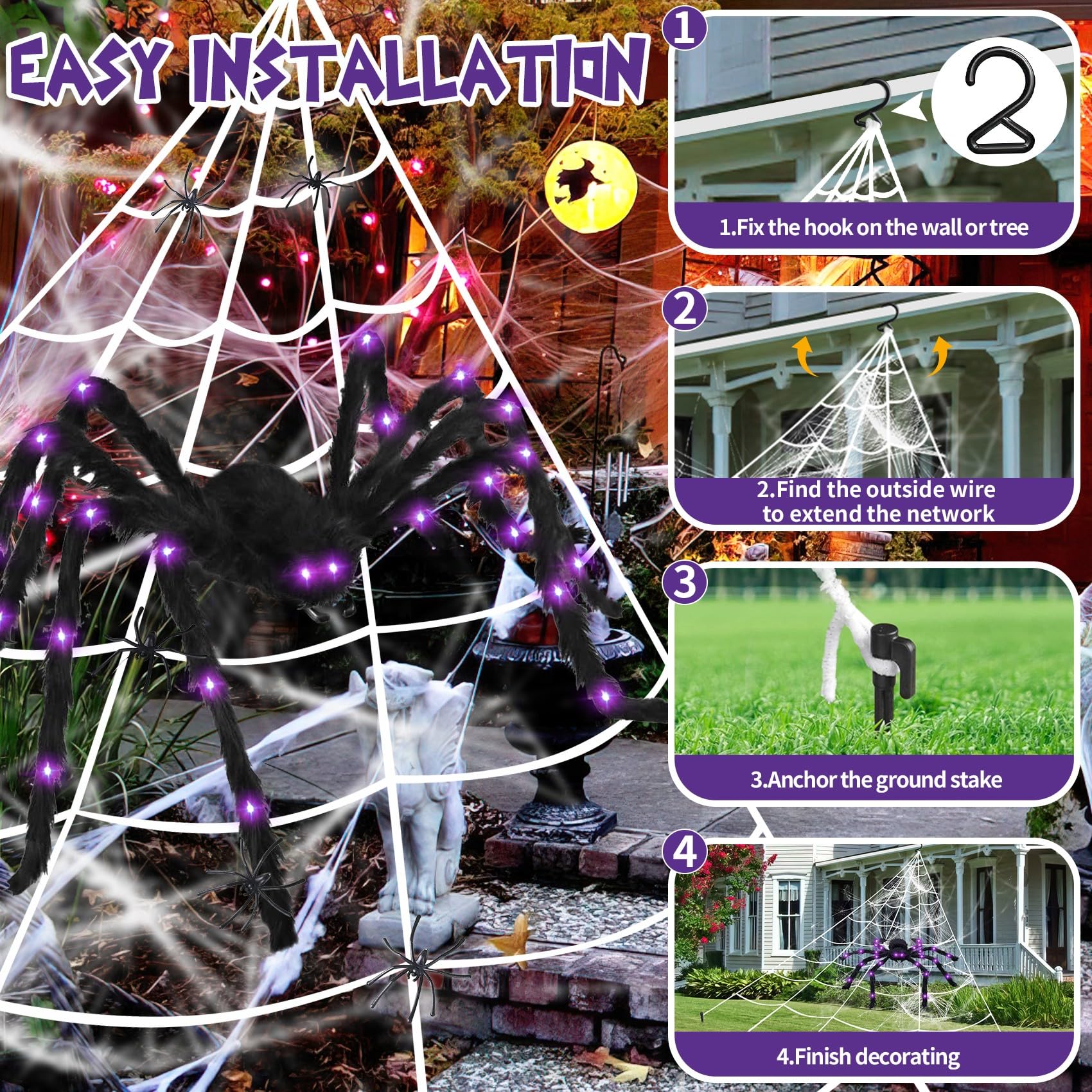 Spider Webs Halloween Decorations, 59'' Light-up Giant Spider + 236'' Giant Triangular Spider Web + 0.08lb Stretch Cobwebs for Indoor and Outdoor Patio Party Haunted House Decoration(Black Plush)