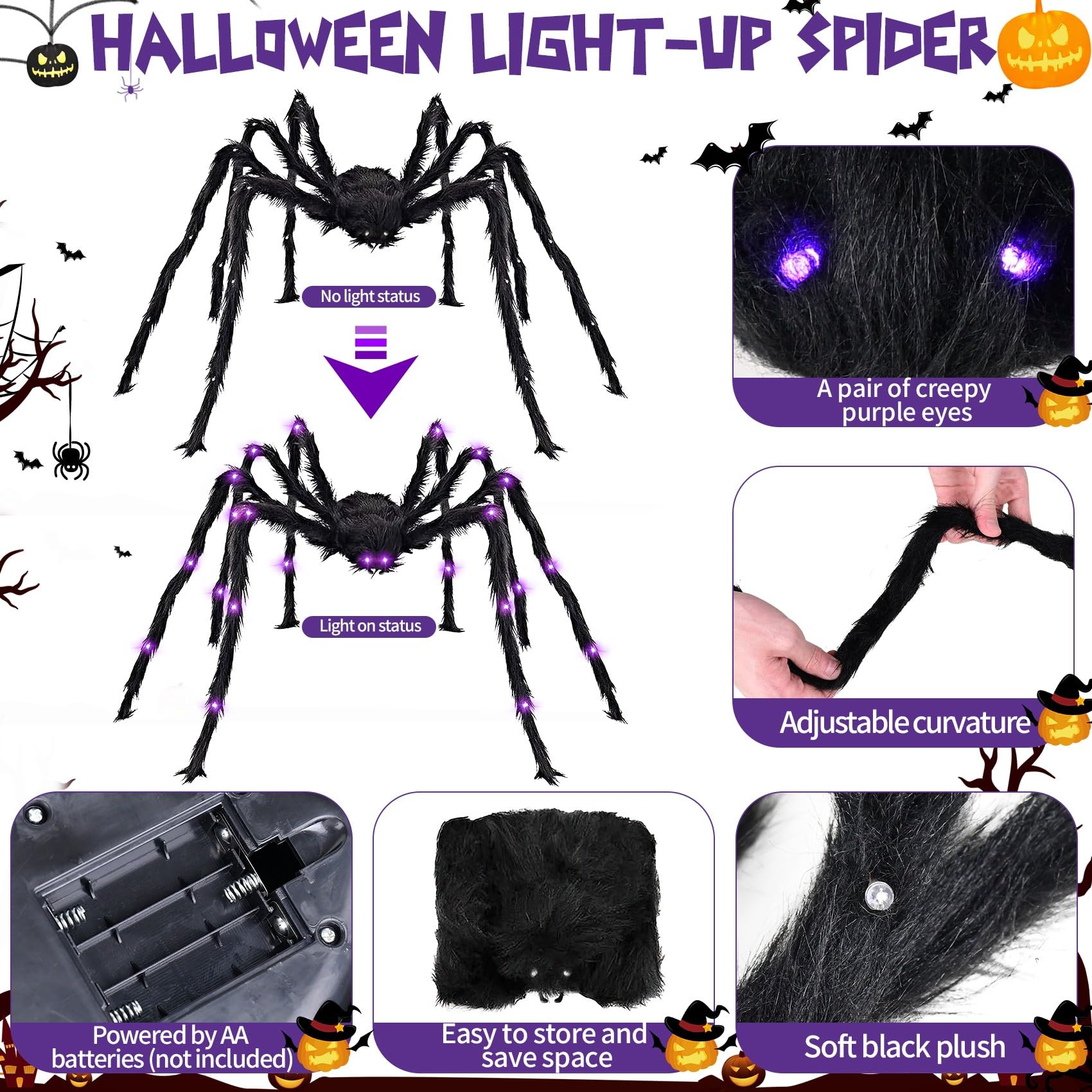 Spider Webs Halloween Decorations, 59'' Light-up Giant Spider + 236'' Giant Triangular Spider Web + 0.08lb Stretch Cobwebs for Indoor and Outdoor Patio Party Haunted House Decoration(Black Plush)