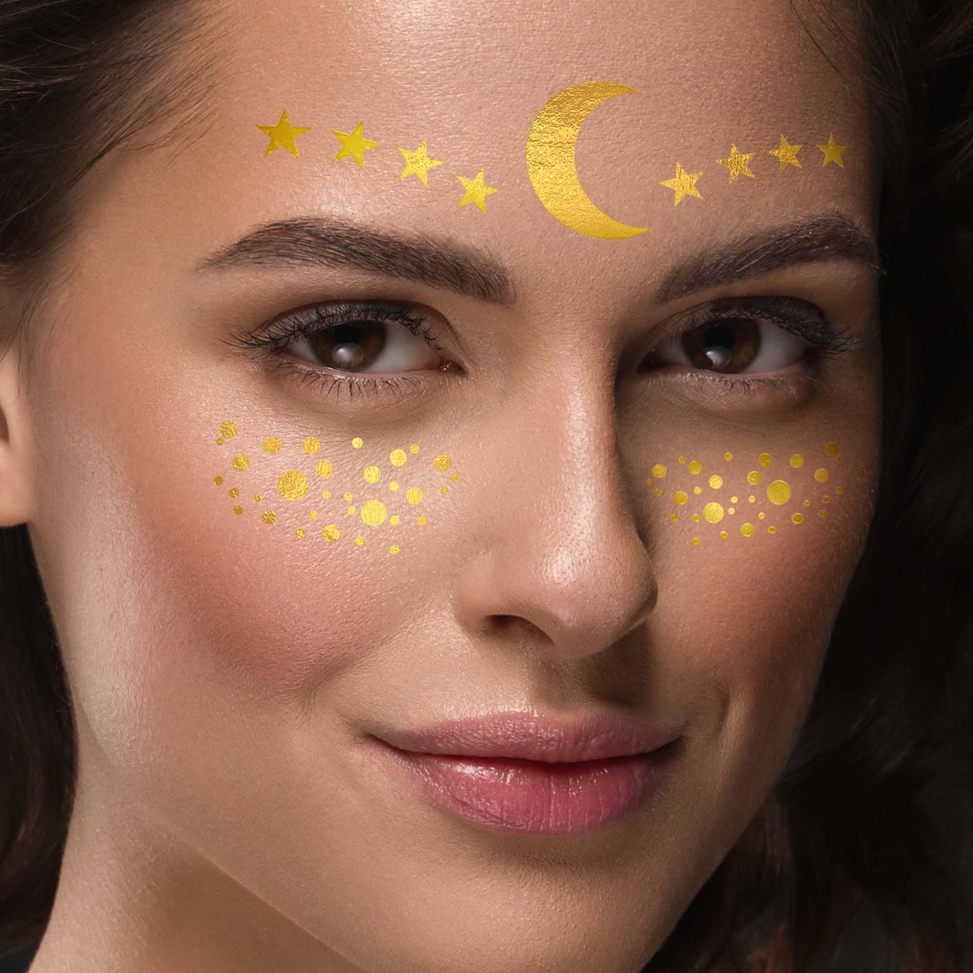 1Sheet Moon and Star Face Metallic Tattoo Sticker - Eye Gold Glitter Temporary Water Transfer Tattoo Professional Make Up Dancer Costume Parties for Women and Girls