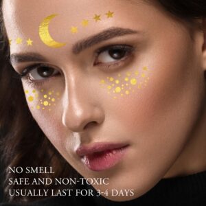 1Sheet Moon and Star Face Metallic Tattoo Sticker - Eye Gold Glitter Temporary Water Transfer Tattoo Professional Make Up Dancer Costume Parties for Women and Girls