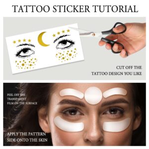 1Sheet Moon and Star Face Metallic Tattoo Sticker - Eye Gold Glitter Temporary Water Transfer Tattoo Professional Make Up Dancer Costume Parties for Women and Girls