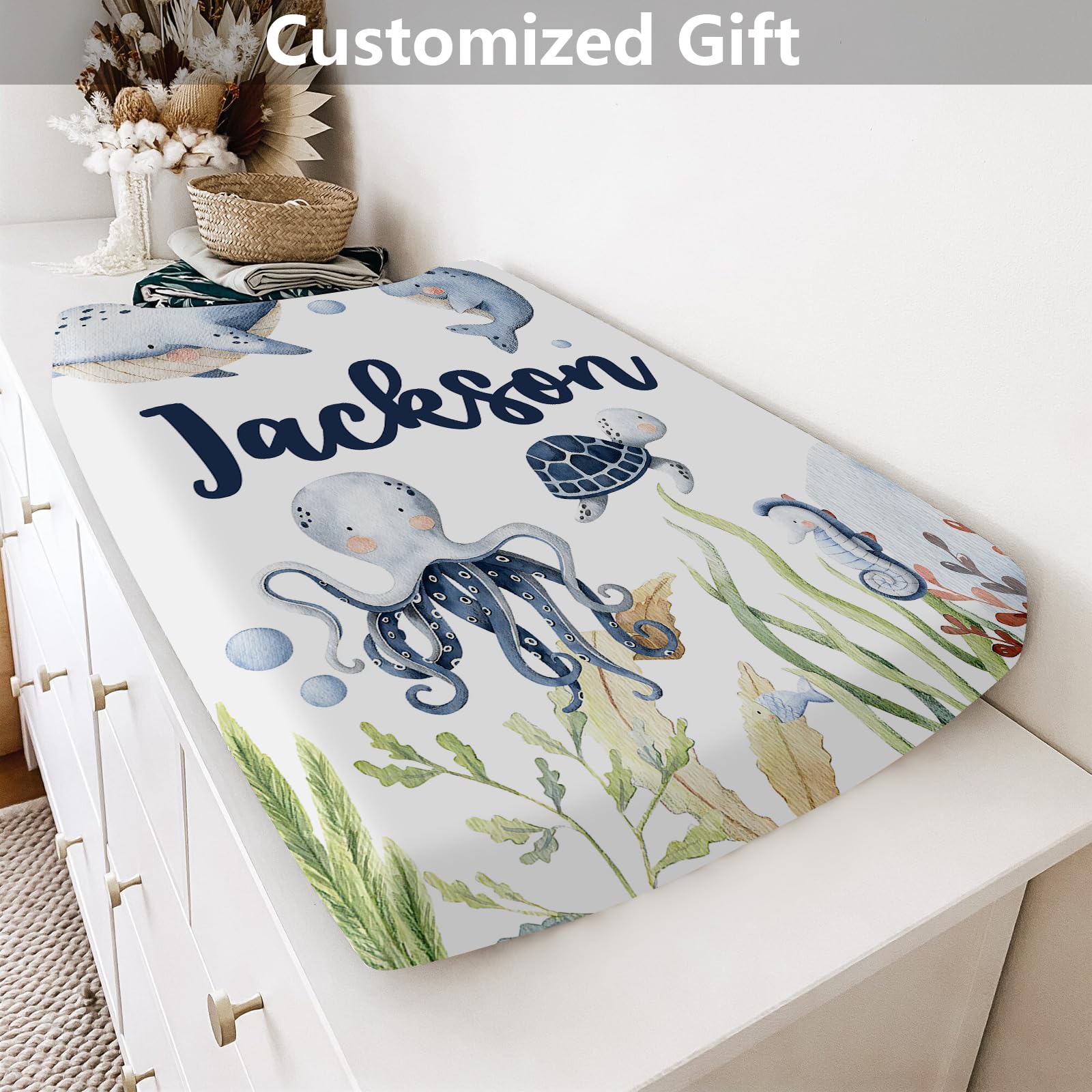 Personalized Ocean Theme Changing Pad Cover - 2 Piece Baby Waterproof Pee Pad Covers Nursery Bedding with Name, Diaper Changing Pad Gifts for (3-36Months) Toddler Infant Boys Girls(16" x 32")