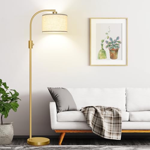 【Upgraded】 Dimmable Floor Lamp, 1200 Lumens LED Bulb Included, Gold Arc Floor Lamps for Living Room Modern Standing Lamp with Linen Shade, Tall Lamp for Living Room Bedroom Office Reading Room Nursery