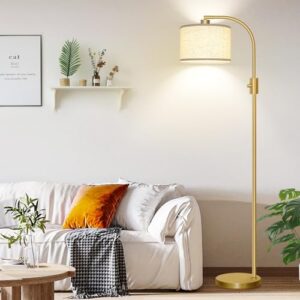 【Upgraded】 Dimmable Floor Lamp, 1200 Lumens LED Bulb Included, Gold Arc Floor Lamps for Living Room Modern Standing Lamp with Linen Shade, Tall Lamp for Living Room Bedroom Office Reading Room Nursery