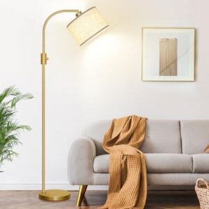 【Upgraded】 Dimmable Floor Lamp, 1200 Lumens LED Bulb Included, Gold Arc Floor Lamps for Living Room Modern Standing Lamp with Linen Shade, Tall Lamp for Living Room Bedroom Office Reading Room Nursery