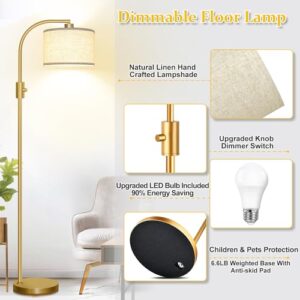 【Upgraded】 Dimmable Floor Lamp, 1200 Lumens LED Bulb Included, Gold Arc Floor Lamps for Living Room Modern Standing Lamp with Linen Shade, Tall Lamp for Living Room Bedroom Office Reading Room Nursery