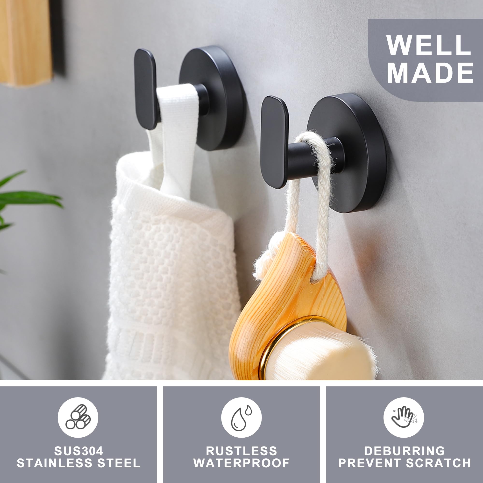 DELITON Wall Mounted Towel Hooks/Robe Hook - Heavy Duty Wall Hooks Hand Towel Holder for Bathroom, Coat Hooks for Hotel Kitchen Garage, Stainless Steel Matte Black (4 Pack)