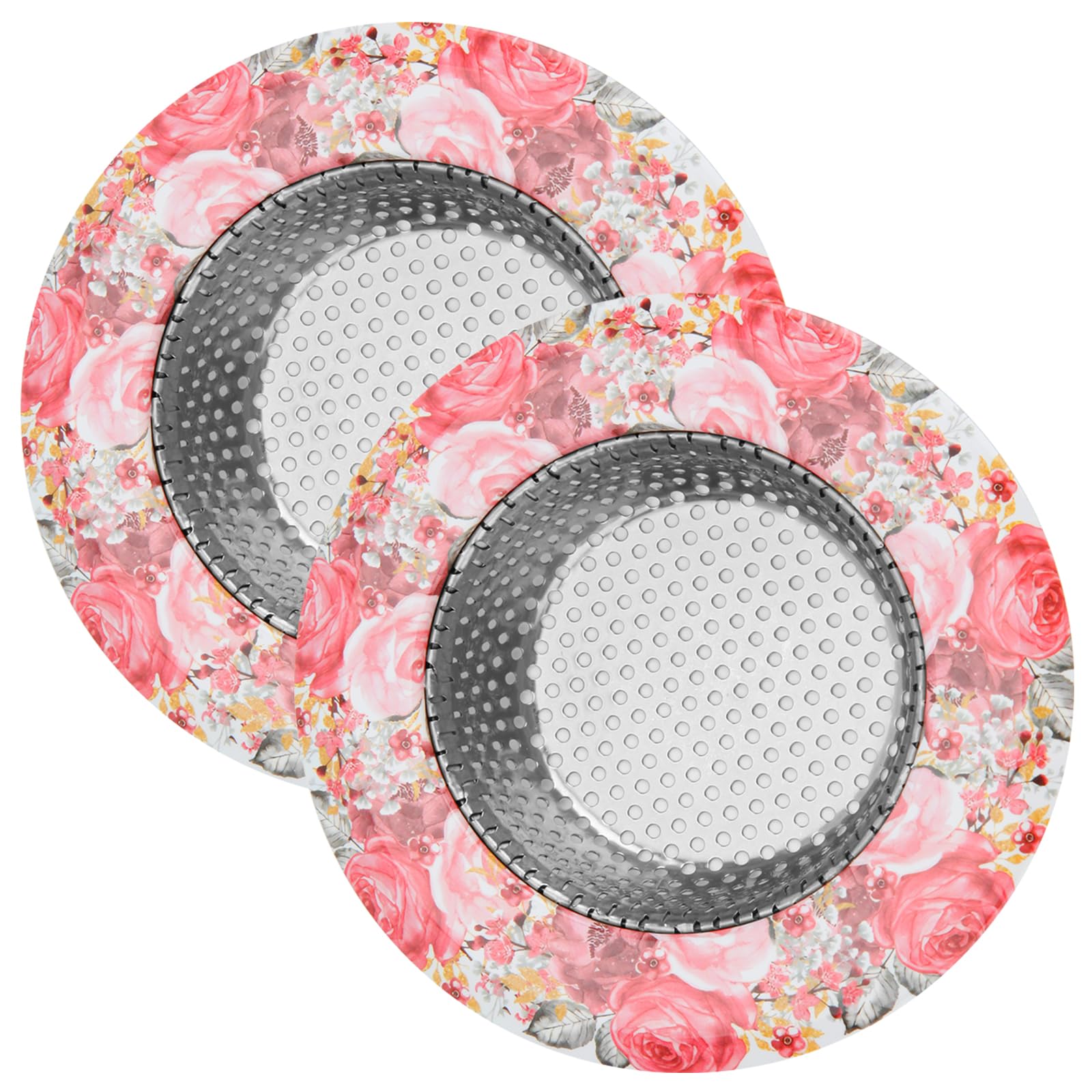 Kitchen Sink Drain Strainer, Raings 2Pcs Sink Drain Strainer Stainless Steel, Floral Sink Strainers with Large Wide Rim 4.5" Diameter for Most Kitchen Sink Drain Basket, Pink Rose Flower