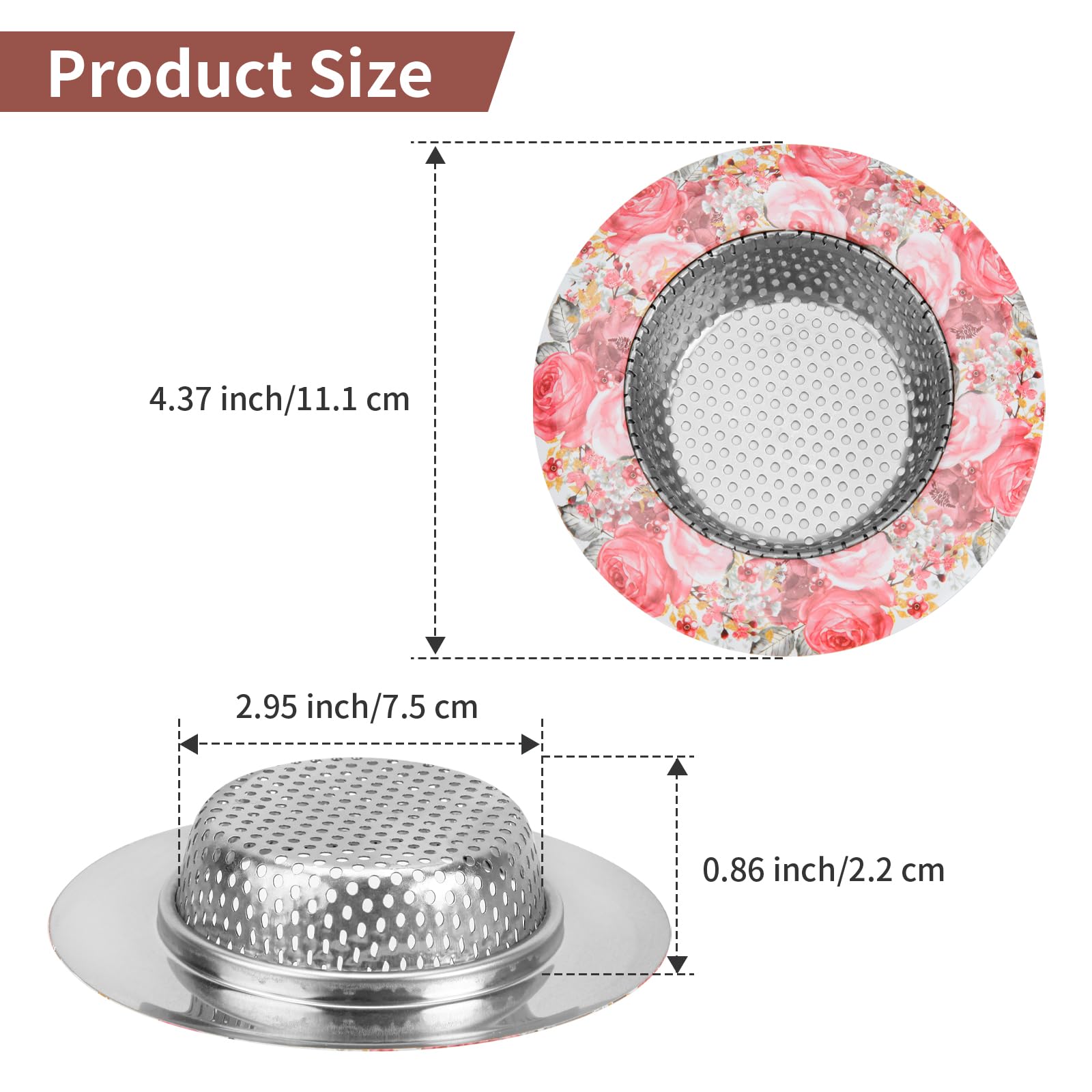 Kitchen Sink Drain Strainer, Raings 2Pcs Sink Drain Strainer Stainless Steel, Floral Sink Strainers with Large Wide Rim 4.5" Diameter for Most Kitchen Sink Drain Basket, Pink Rose Flower