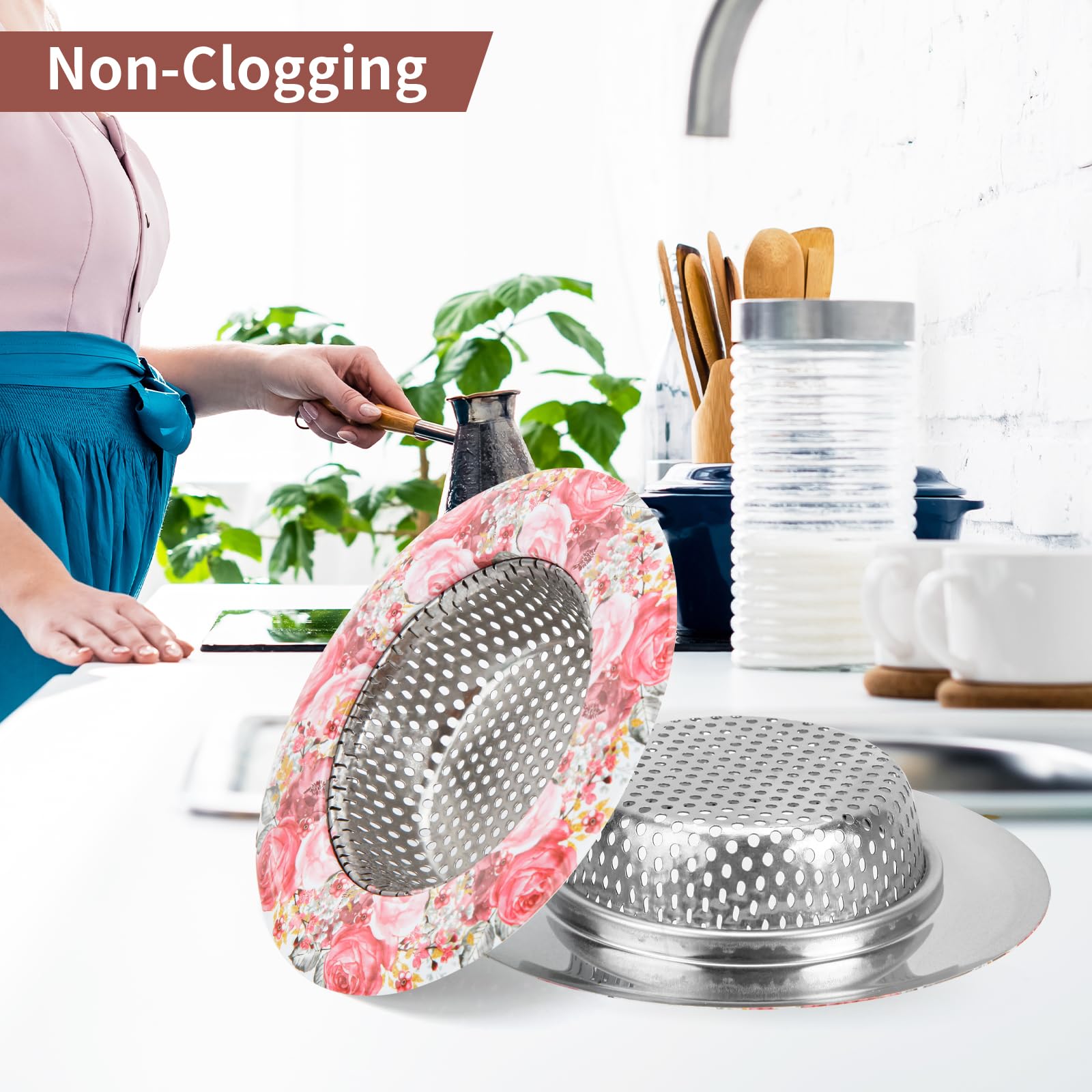 Kitchen Sink Drain Strainer, Raings 2Pcs Sink Drain Strainer Stainless Steel, Floral Sink Strainers with Large Wide Rim 4.5" Diameter for Most Kitchen Sink Drain Basket, Pink Rose Flower