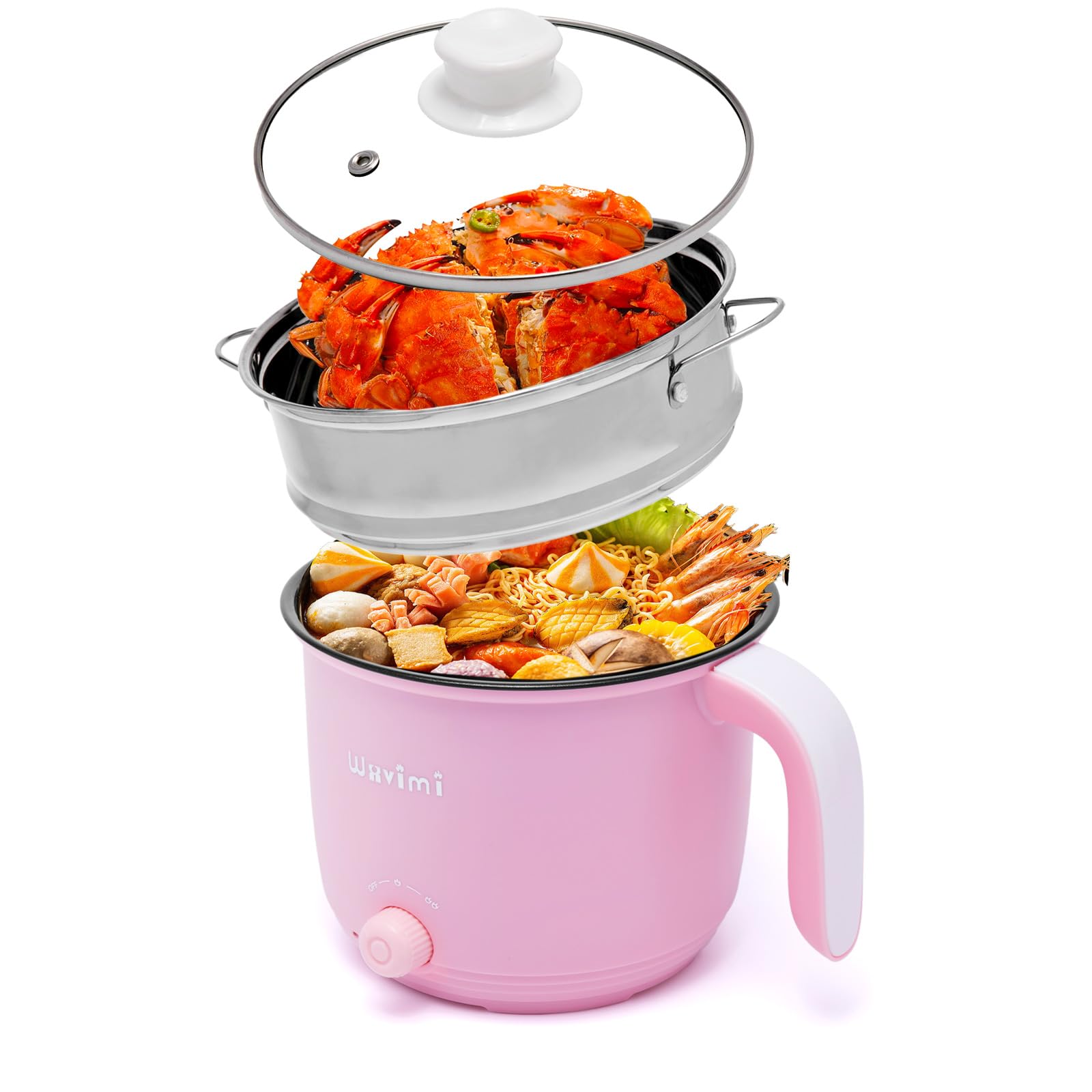 Wxvimi Hot Pot Electric,Electric Noodle Pot,Non-Stick Electric Cooking Pot,Rapid Noodles Cooker,1.8L Electric Ramen Cooker with Steamer,Suitable for Pasta,Dumplings,Soup,Steak.(Rotary switch) Red