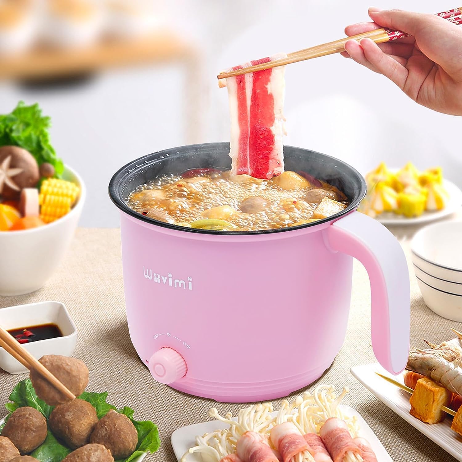 Wxvimi Hot Pot Electric,Electric Noodle Pot,Non-Stick Electric Cooking Pot,Rapid Noodles Cooker,1.8L Electric Ramen Cooker with Steamer,Suitable for Pasta,Dumplings,Soup,Steak.(Rotary switch) Red