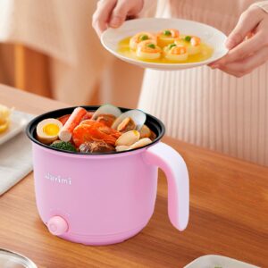 Wxvimi Hot Pot Electric,Electric Noodle Pot,Non-Stick Electric Cooking Pot,Rapid Noodles Cooker,1.8L Electric Ramen Cooker with Steamer,Suitable for Pasta,Dumplings,Soup,Steak.(Rotary switch) Red