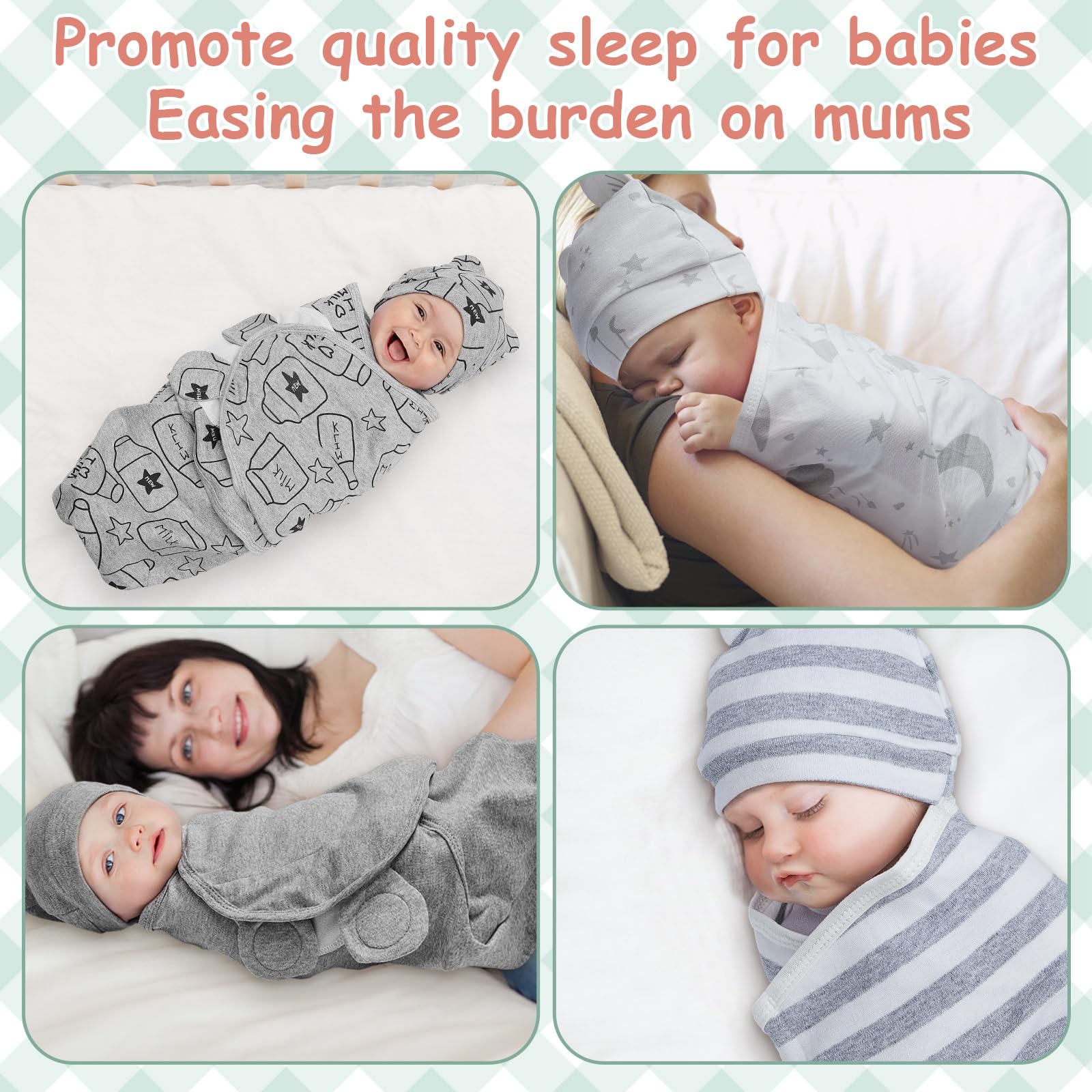 Ramede 6 Pack Baby Swaddle Blanket with Hats Set for 0-3 Months Preemie Newborn Sacks Soft Cotton Wearable for Baby Boy and Girl (Star,0-3 Months)