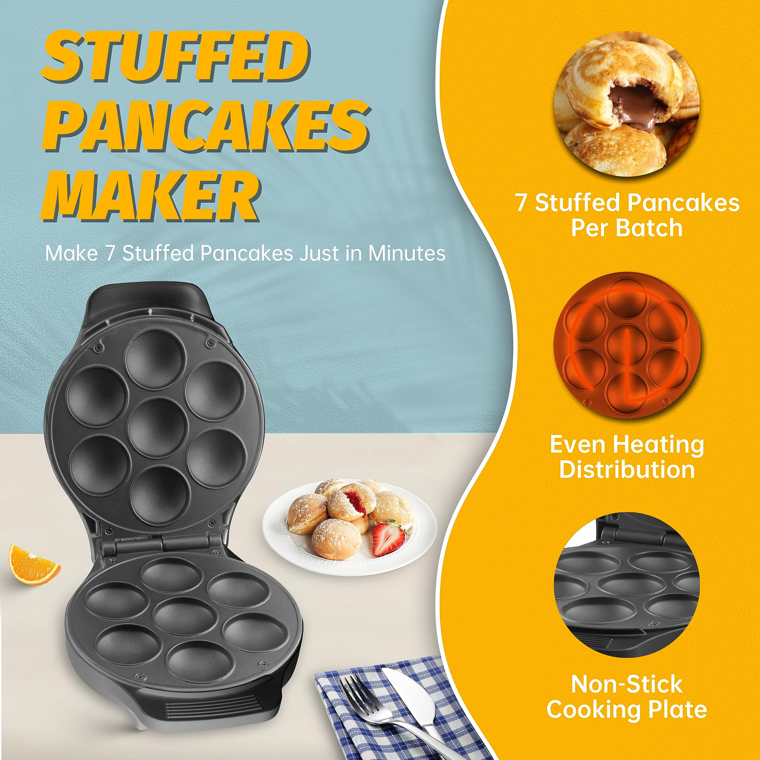 FineMade Mini Stuffed Pancakes Maker, Electric Ebleskiver Poffertjes Maker Pan, Danish Pancakes Maker, Cake Pop Maker, Bake 7x 2'' Ebelskivers without any Flipping operation