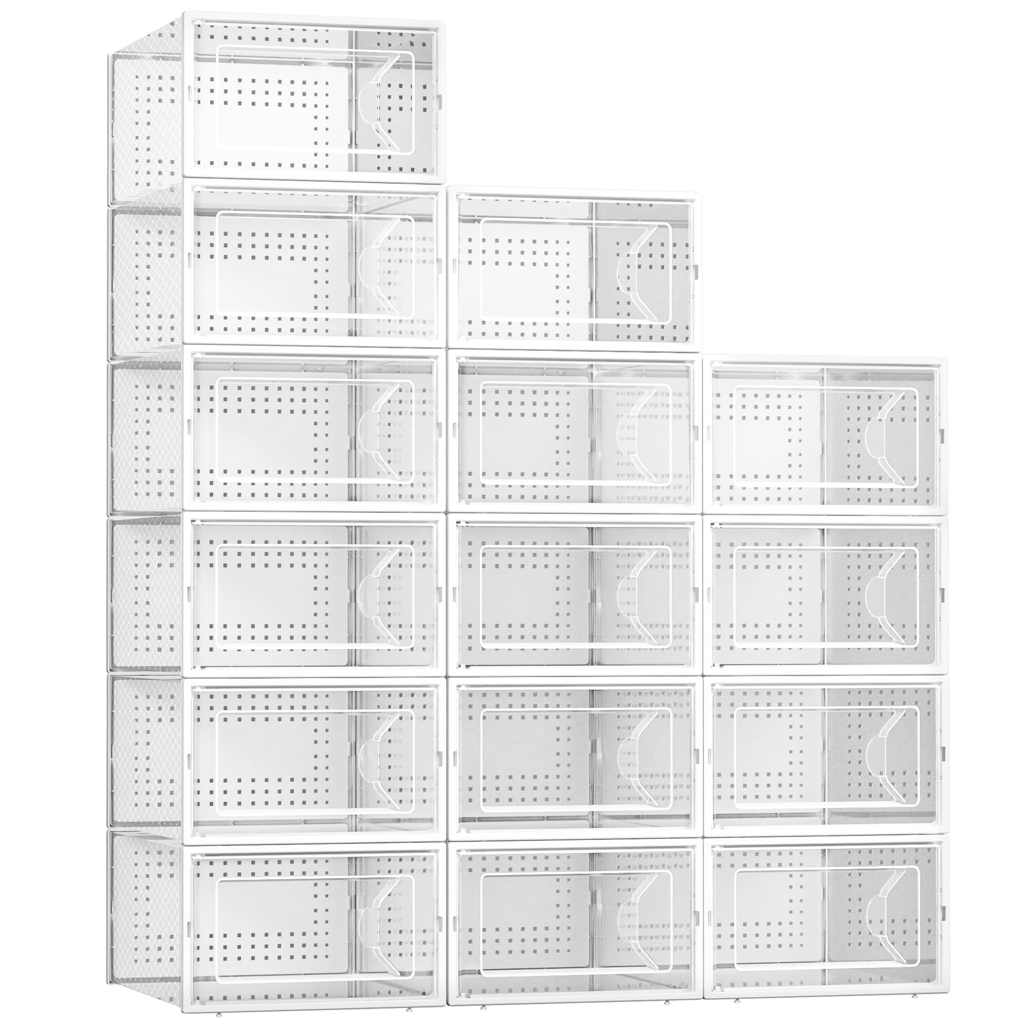 Kuject 15 Pack Shoe Storage Boxes, Large Clear Plastic Stackable Shoe Organizer for Closet, Connect Left and Right Shoe Boxes Case Container Bin for Entryway, Drop Front, Fit for Size 10(White)