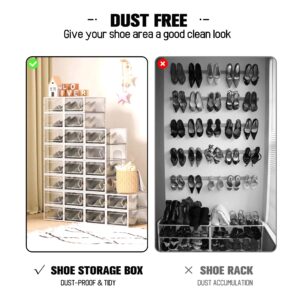 Kuject 15 Pack Shoe Storage Boxes, Large Clear Plastic Stackable Shoe Organizer for Closet, Connect Left and Right Shoe Boxes Case Container Bin for Entryway, Drop Front, Fit for Size 10(White)