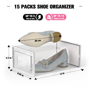 Kuject 15 Pack Shoe Storage Boxes, Large Clear Plastic Stackable Shoe Organizer for Closet, Connect Left and Right Shoe Boxes Case Container Bin for Entryway, Drop Front, Fit for Size 10(White)