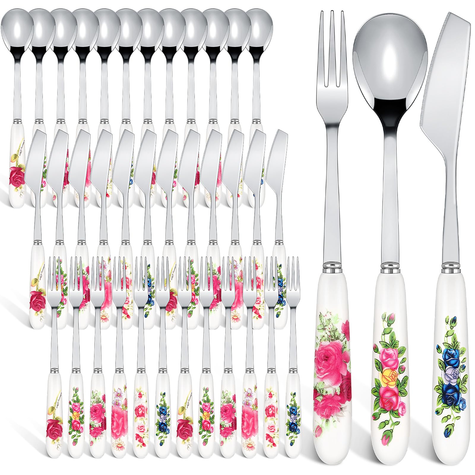 Dandat 72 Pcs Dessert Silverware Set Tea Party Stainless Steel Dinner Flatware Bulk Wedding Dessert Spoons Knives Forks with Ceramic Handle for Spring Coffee Salad Cake Tea Party Gifts, Service for 24