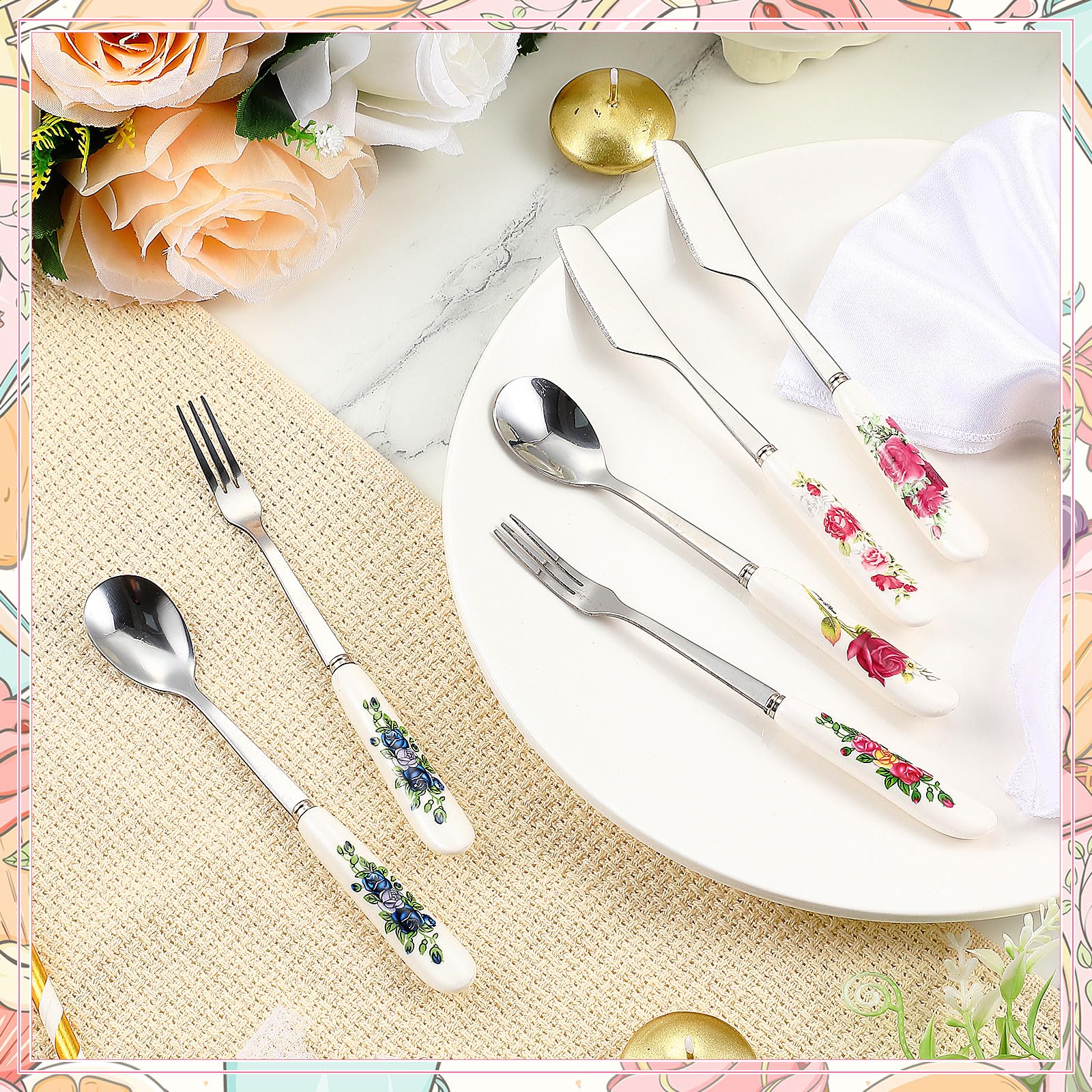 Dandat 72 Pcs Dessert Silverware Set Tea Party Stainless Steel Dinner Flatware Bulk Wedding Dessert Spoons Knives Forks with Ceramic Handle for Spring Coffee Salad Cake Tea Party Gifts, Service for 24