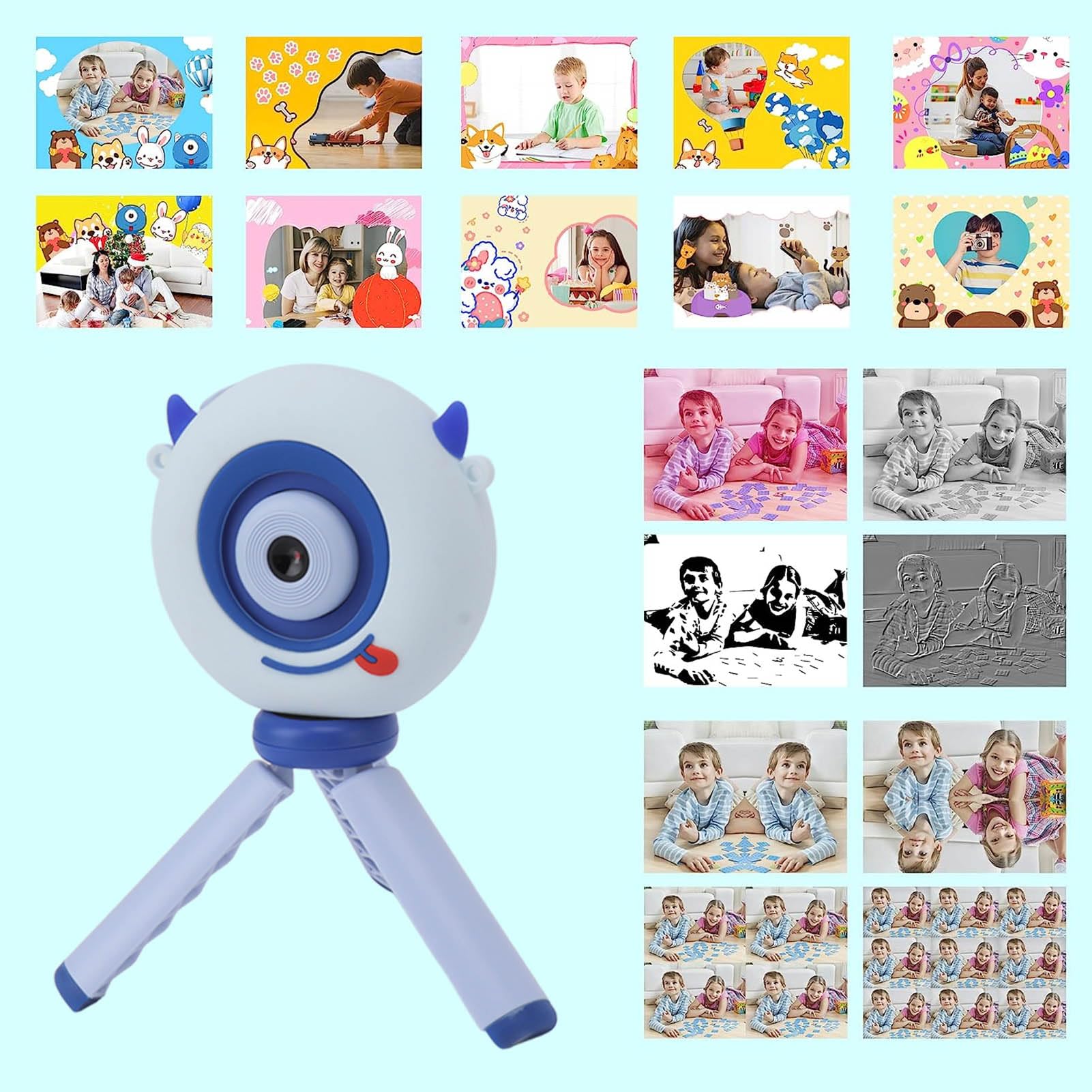 Fdit Kids Camera Abs Silicone Girls Artificial Swag Kids Video Camera with Stand for 3‑12 Years Old (Blue)