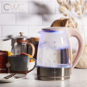 COOK WITH COLOR Glass Electric Kettle 1.8L - Rapid Boil, Sleek Design, and Safety Features - Great for Quick and Easy, Blush