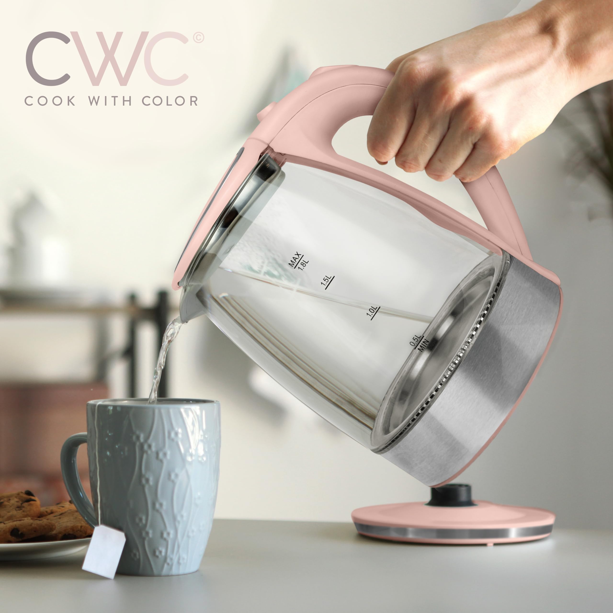 COOK WITH COLOR Glass Electric Kettle 1.8L - Rapid Boil, Sleek Design, and Safety Features - Great for Quick and Easy, Blush