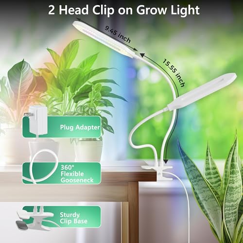 Diivoo Grow Light for Indoor Plants, Full Spectrum Dual Head Grow Lamp with Clips, 10 Level Dimmable Brightness & 4 Automatic Timer, LED Plant Lights with 360 Spin Gooseneck for Potted Flowers, Plant