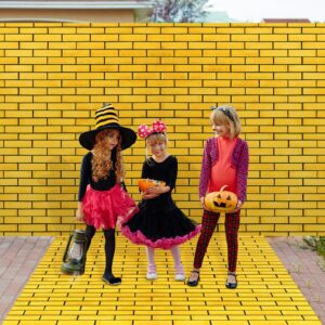 3Pcs Total 4.5x27 Feet Yellow Brick Road Floor Runner for Wizard Oz Party Decorations,Long Disposable Brick Stone Wall Backdrop Tablecloth for Halloween Princess Cosplay Medieval Castle Party Supplies