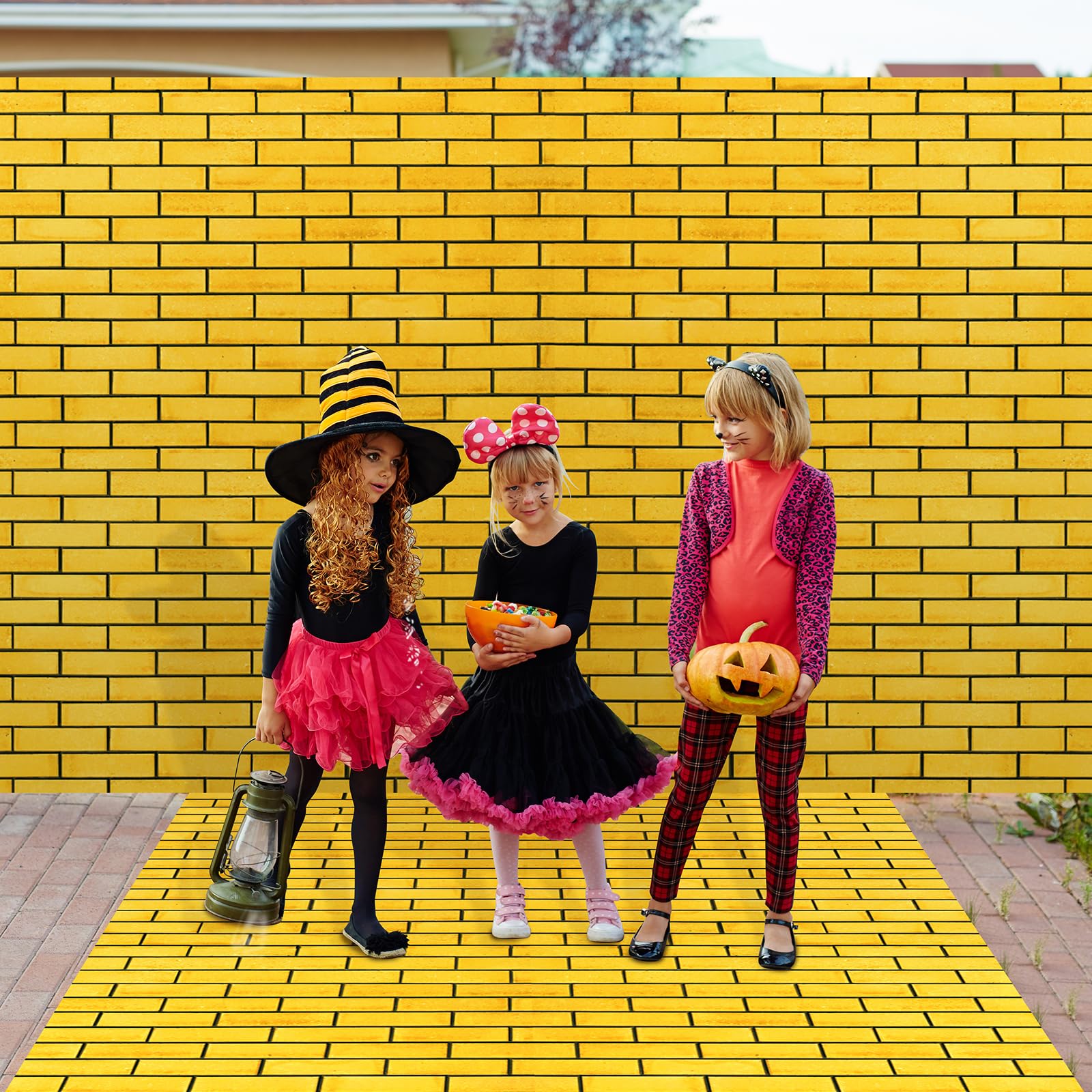 3Pcs Total 4.5x27 Feet Yellow Brick Road Floor Runner for Wizard Oz Party Decorations,Long Disposable Brick Stone Wall Backdrop Tablecloth for Halloween Princess Cosplay Medieval Castle Party Supplies