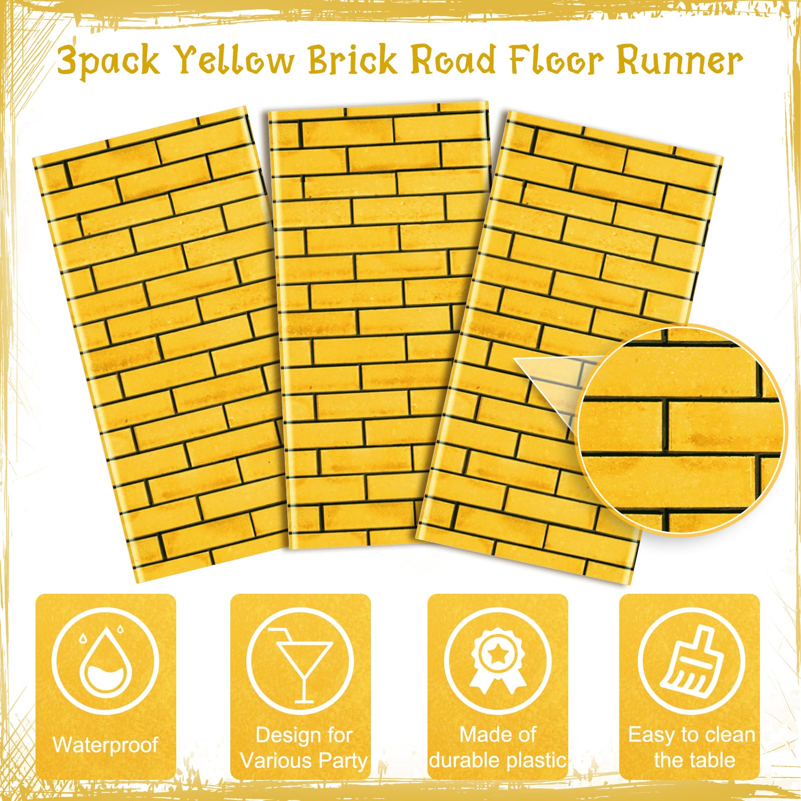 3Pcs Total 4.5x27 Feet Yellow Brick Road Floor Runner for Wizard Oz Party Decorations,Long Disposable Brick Stone Wall Backdrop Tablecloth for Halloween Princess Cosplay Medieval Castle Party Supplies