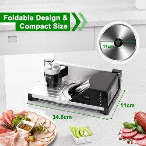 Foldable Electric Meat Slicer Machine, SASA ROCOO Home Use Food Slicer, 0-18mm Adjustable Slice Thickness,Removable Stainless Steel Blade,Detachable Design,Safe Child Lock Protection-Silver