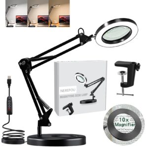 Nerefou Magnifying Glass with Light and Stand, 10X Magnifying Lamp, 2-in-1 Magnifying Desk Lamp with Clamp, 3 Color Mode, Magnifying Glasses with Light for Close Work (1st Generation Base ＆ Clamp)