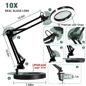 Nerefou Magnifying Glass with Light and Stand, 10X Magnifying Lamp, 2-in-1 Magnifying Desk Lamp with Clamp, 3 Color Mode, Magnifying Glasses with Light for Close Work (1st Generation Base ＆ Clamp)