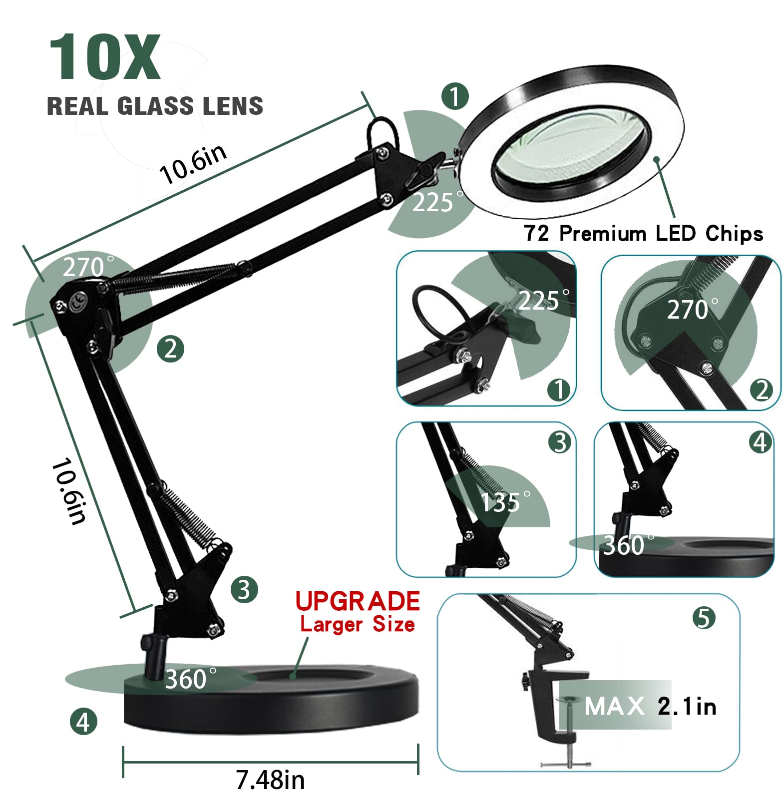 Nerefou Magnifying Glass with Light and Stand, 10X Magnifying Lamp, 2-in-1 Magnifying Desk Lamp with Clamp, 3 Color Mode, Magnifying Glasses with Light for Close Work (1st Generation Base ＆ Clamp)