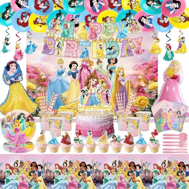 BOSMAT Princess Birthday Decorations, Princess Party Supplies Includes Balloons, Happy Birthday Banner, Cake＆Cupcake Topper, Plates, Napkins, Cup, Tablecloth , Foil Balloon and Backdrop