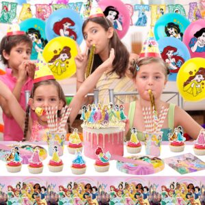 BOSMAT Princess Birthday Decorations, Princess Party Supplies Includes Balloons, Happy Birthday Banner, Cake＆Cupcake Topper, Plates, Napkins, Cup, Tablecloth , Foil Balloon and Backdrop