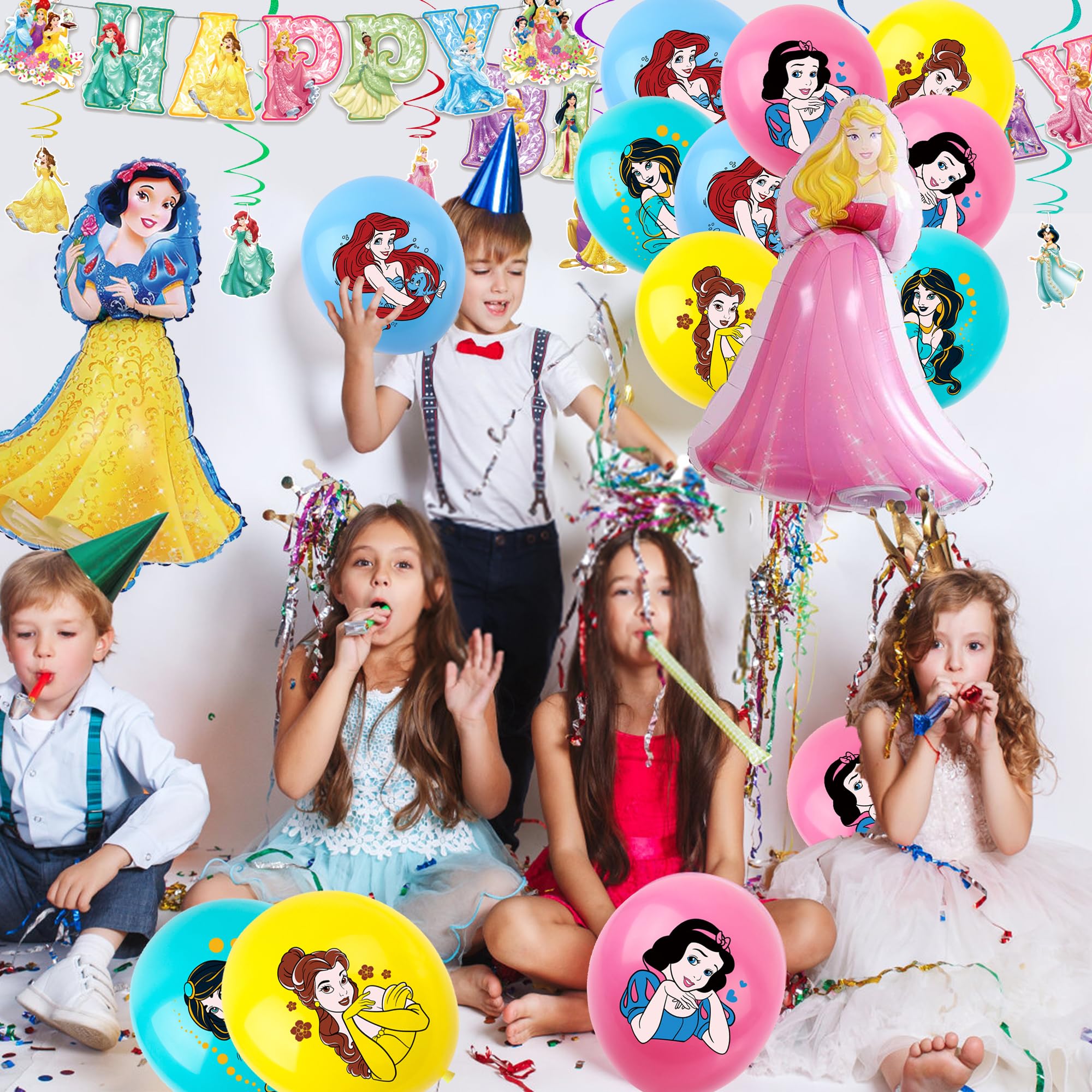 BOSMAT Princess Birthday Decorations, Princess Party Supplies Includes Balloons, Happy Birthday Banner, Cake＆Cupcake Topper, Plates, Napkins, Cup, Tablecloth , Foil Balloon and Backdrop