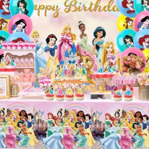 BOSMAT Princess Birthday Decorations, Princess Party Supplies Includes Balloons, Happy Birthday Banner, Cake＆Cupcake Topper, Plates, Napkins, Cup, Tablecloth , Foil Balloon and Backdrop