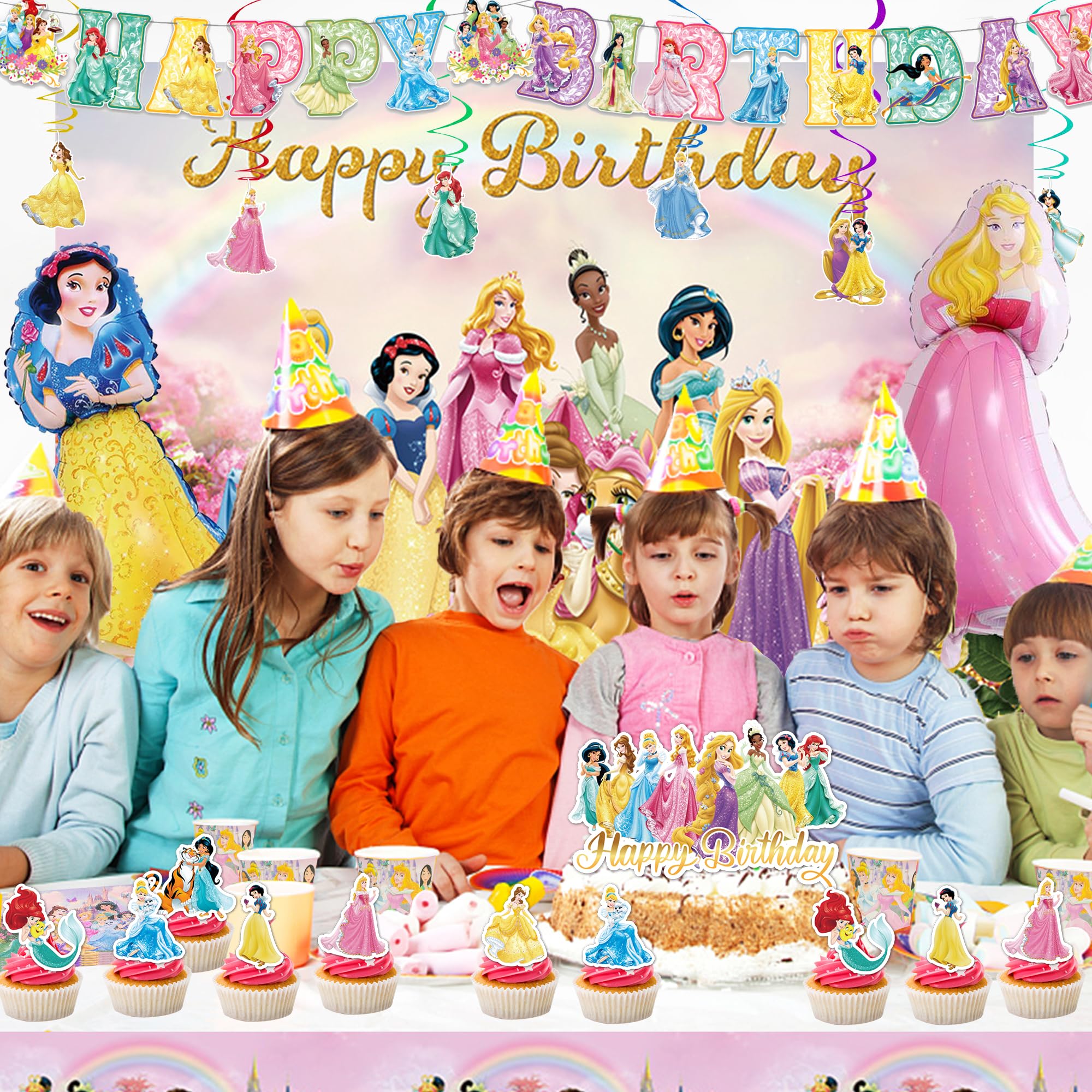 BOSMAT Princess Birthday Decorations, Princess Party Supplies Includes Balloons, Happy Birthday Banner, Cake＆Cupcake Topper, Plates, Napkins, Cup, Tablecloth , Foil Balloon and Backdrop