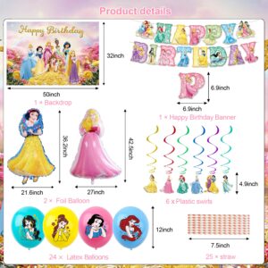 BOSMAT Princess Birthday Decorations, Princess Party Supplies Includes Balloons, Happy Birthday Banner, Cake＆Cupcake Topper, Plates, Napkins, Cup, Tablecloth , Foil Balloon and Backdrop