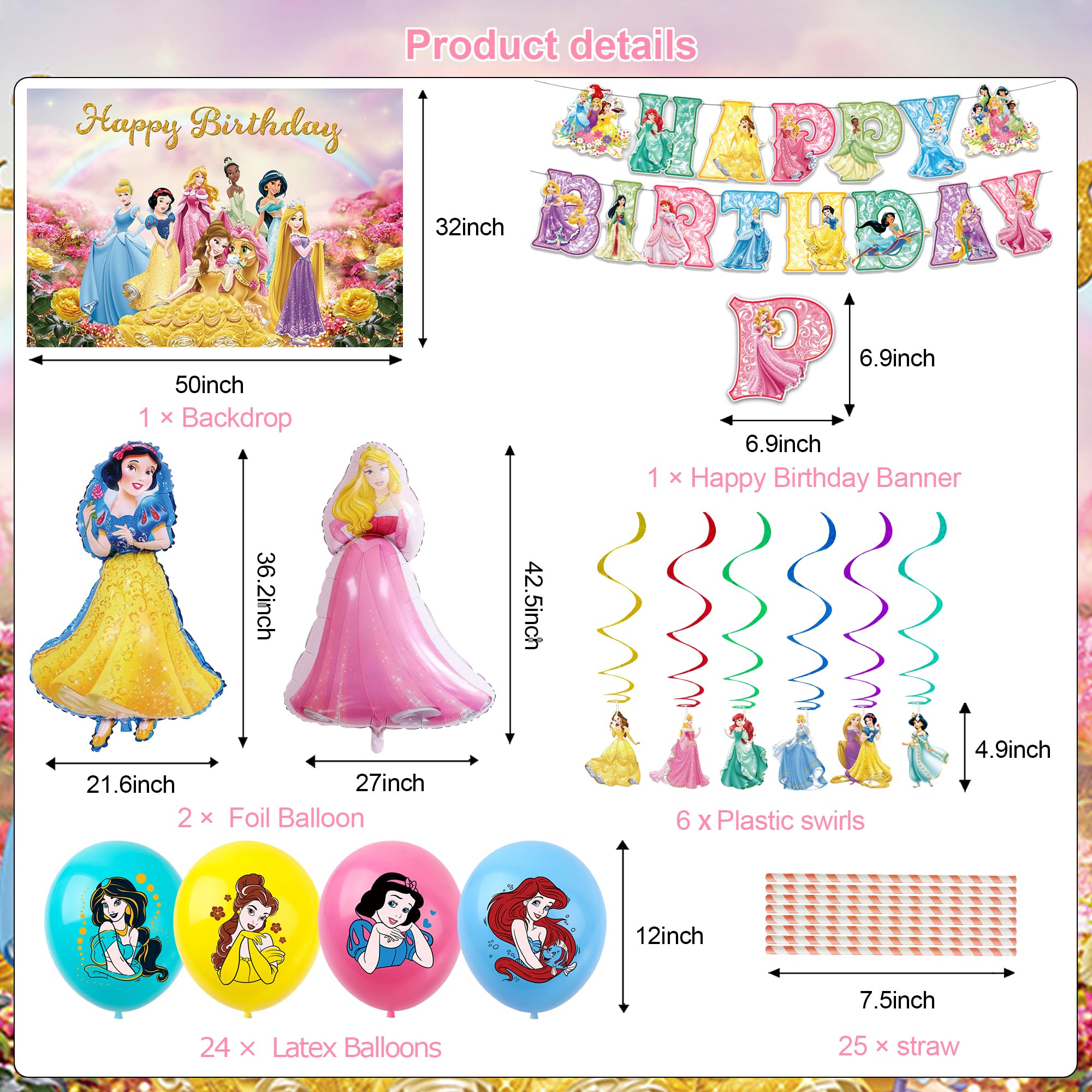 BOSMAT Princess Birthday Decorations, Princess Party Supplies Includes Balloons, Happy Birthday Banner, Cake＆Cupcake Topper, Plates, Napkins, Cup, Tablecloth , Foil Balloon and Backdrop