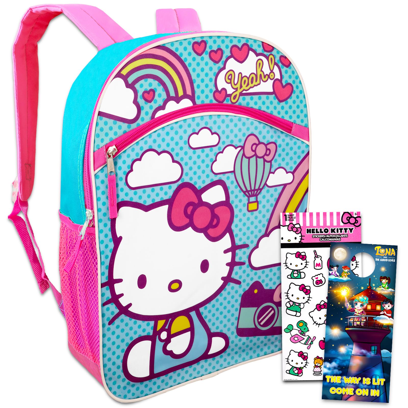 Hello Kitty Backpack for Girls - Bundle with 16” Hello Kitty School Backpack with Front Pocket, Hello Kitty Stickers, More | Hello Kitty Backpack for School