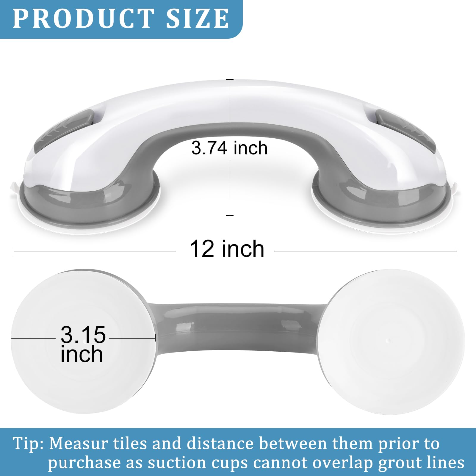 Shower Handle 1 Pack Grab Bars for Bathtubs & Showers, 12 inch Grab Bars for Bathroom with Strong Hold Suction Cup, Balance Bar Safety Hand Rail for Injury, Senior, Elderly Grey