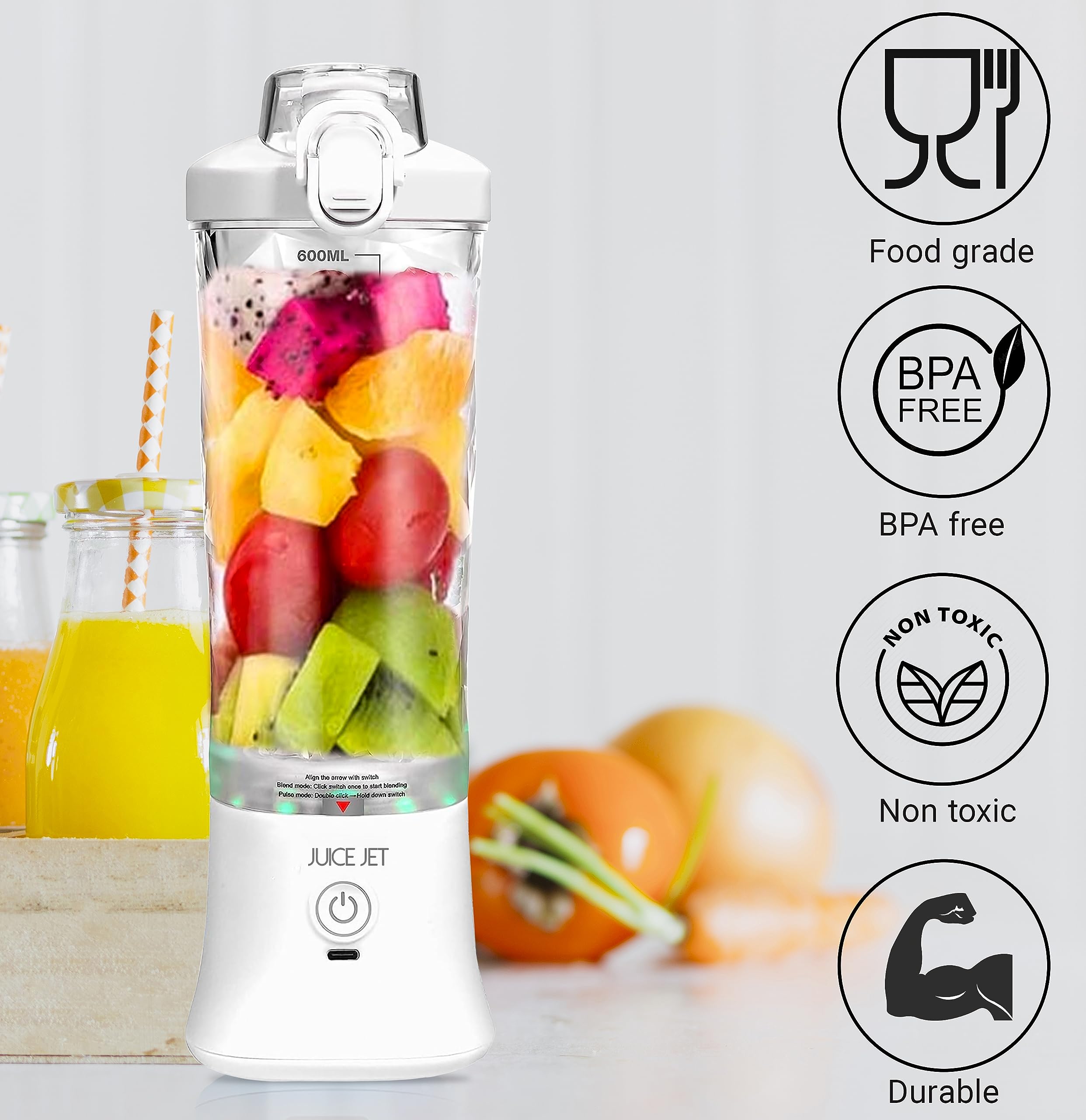 Juice Jet, 20oz Portable Blender, 6 Blade Mixer, USB Rechargeble, Personal Size Blender, High Speed, with Travel Lid, BPA Free, Gym, Home, Outdoor, Office, Family (White)