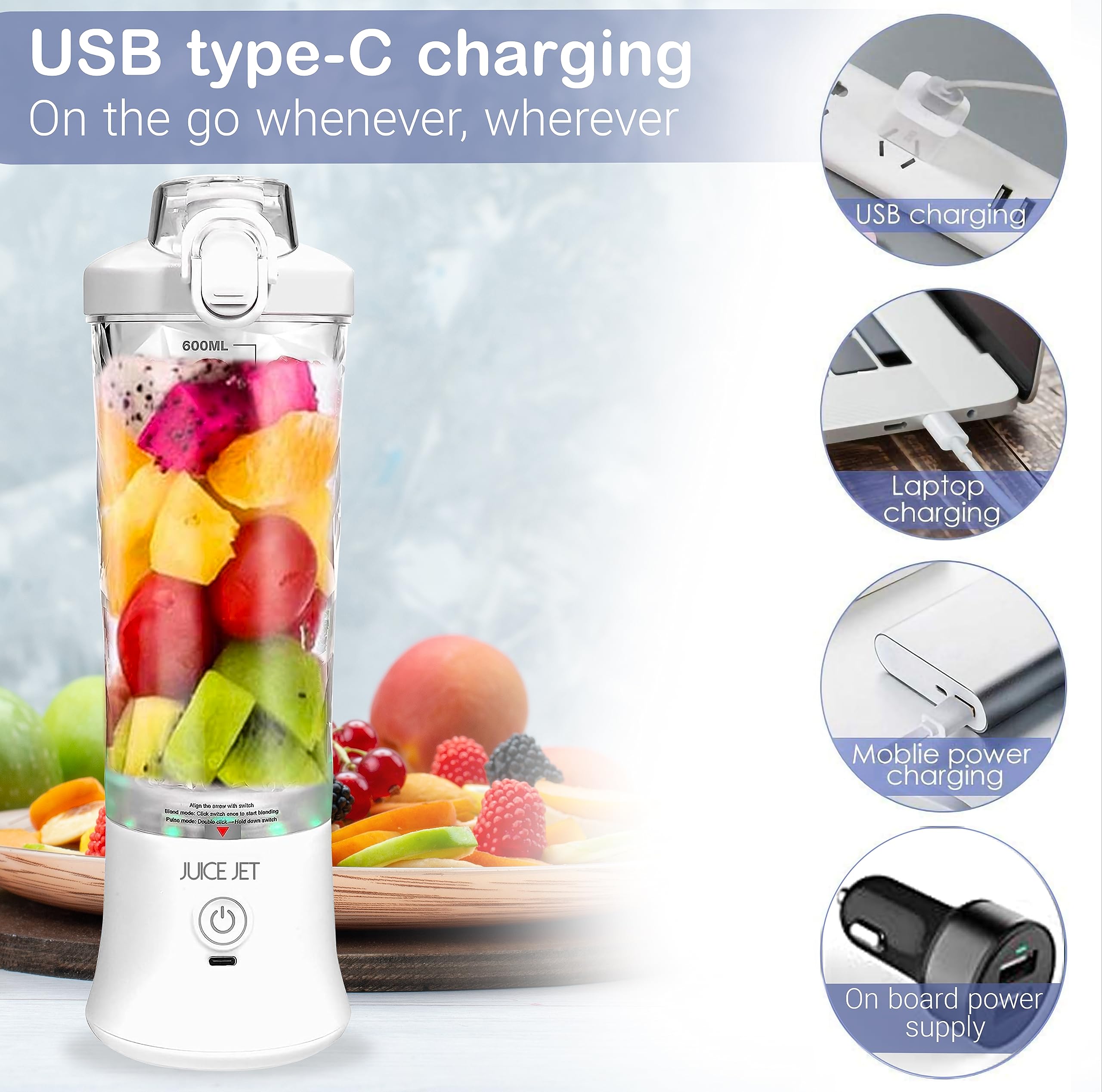 Juice Jet, 20oz Portable Blender, 6 Blade Mixer, USB Rechargeble, Personal Size Blender, High Speed, with Travel Lid, BPA Free, Gym, Home, Outdoor, Office, Family (White)