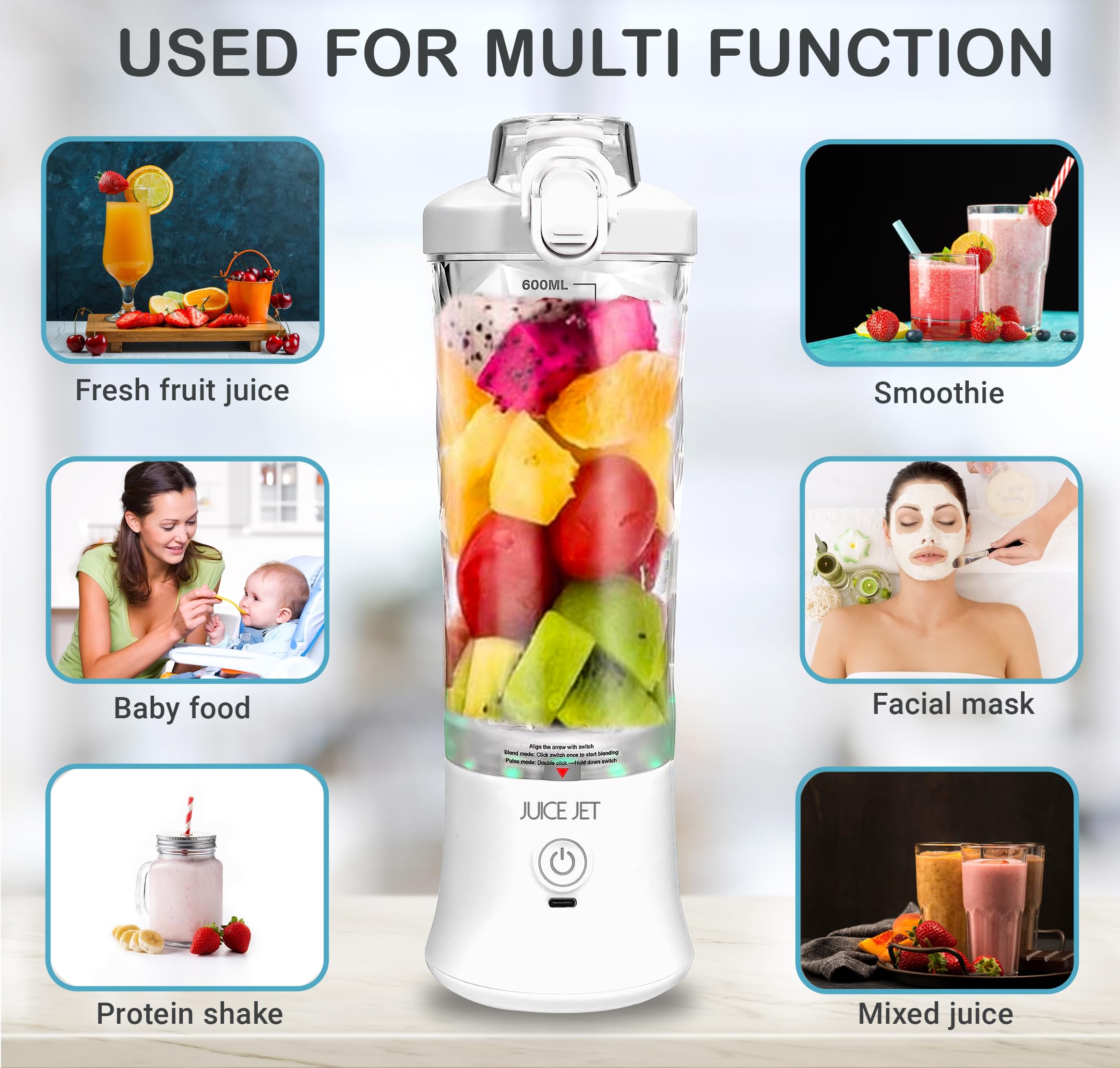 Juice Jet, 20oz Portable Blender, 6 Blade Mixer, USB Rechargeble, Personal Size Blender, High Speed, with Travel Lid, BPA Free, Gym, Home, Outdoor, Office, Family (White)