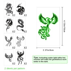 16 Sheets Luminous Dragon Phoenix Temporary Tattoos Glow in The Dark Dragon Birthday Party Decorations Supplies Favors for Kids Adults, Goodie Bag Fillers